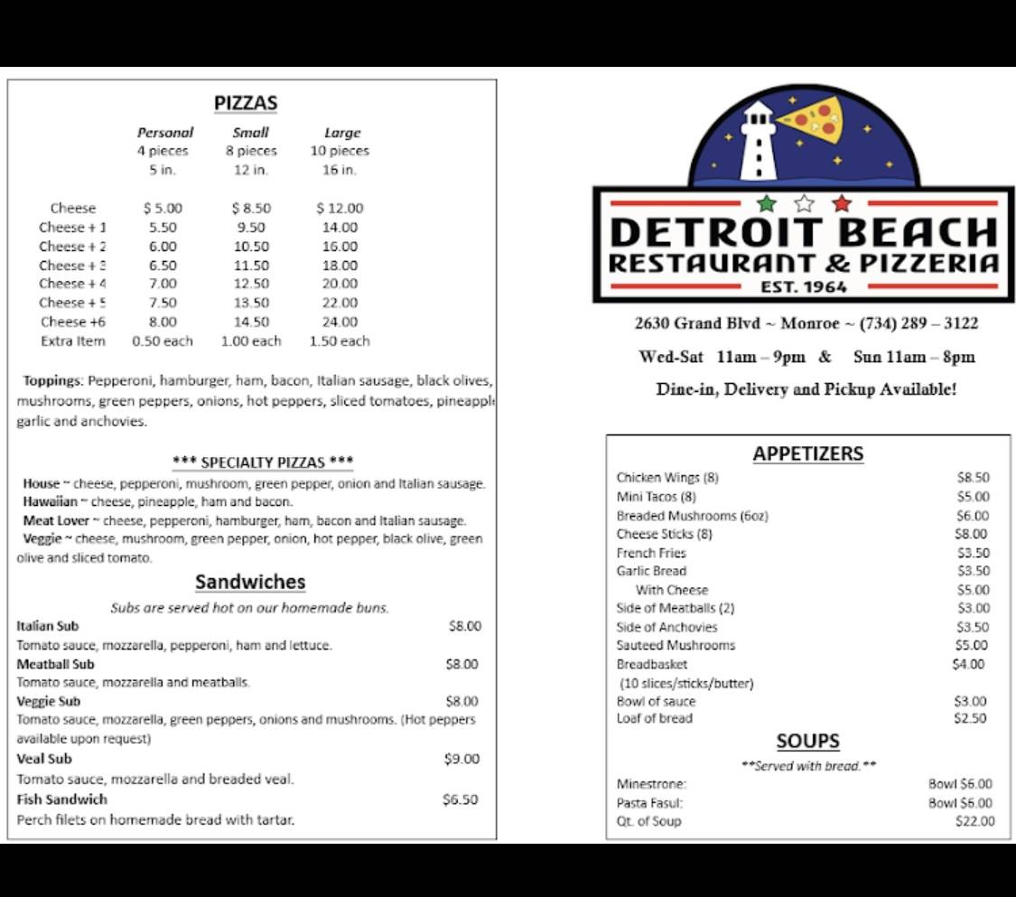Menu at Detroit Beach Pizzeria, Monroe