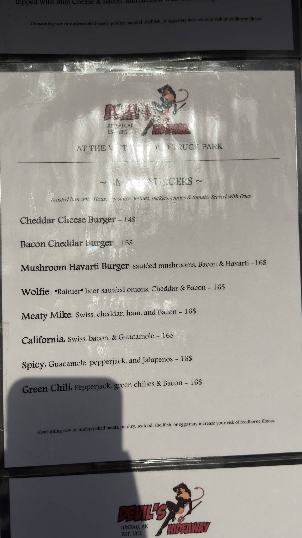 Menu at Devil's Hideaway pub & bar, Juneau, Clinton Dr