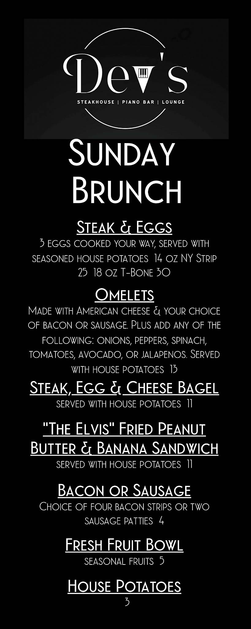 Menu at Dev’s Steakhouse Piano Bar Lounge, West Plains