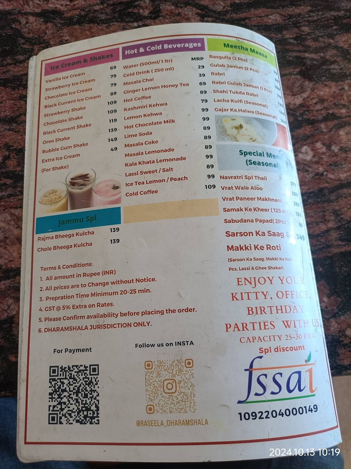 Menu at Raseela Resto, Dharamshala