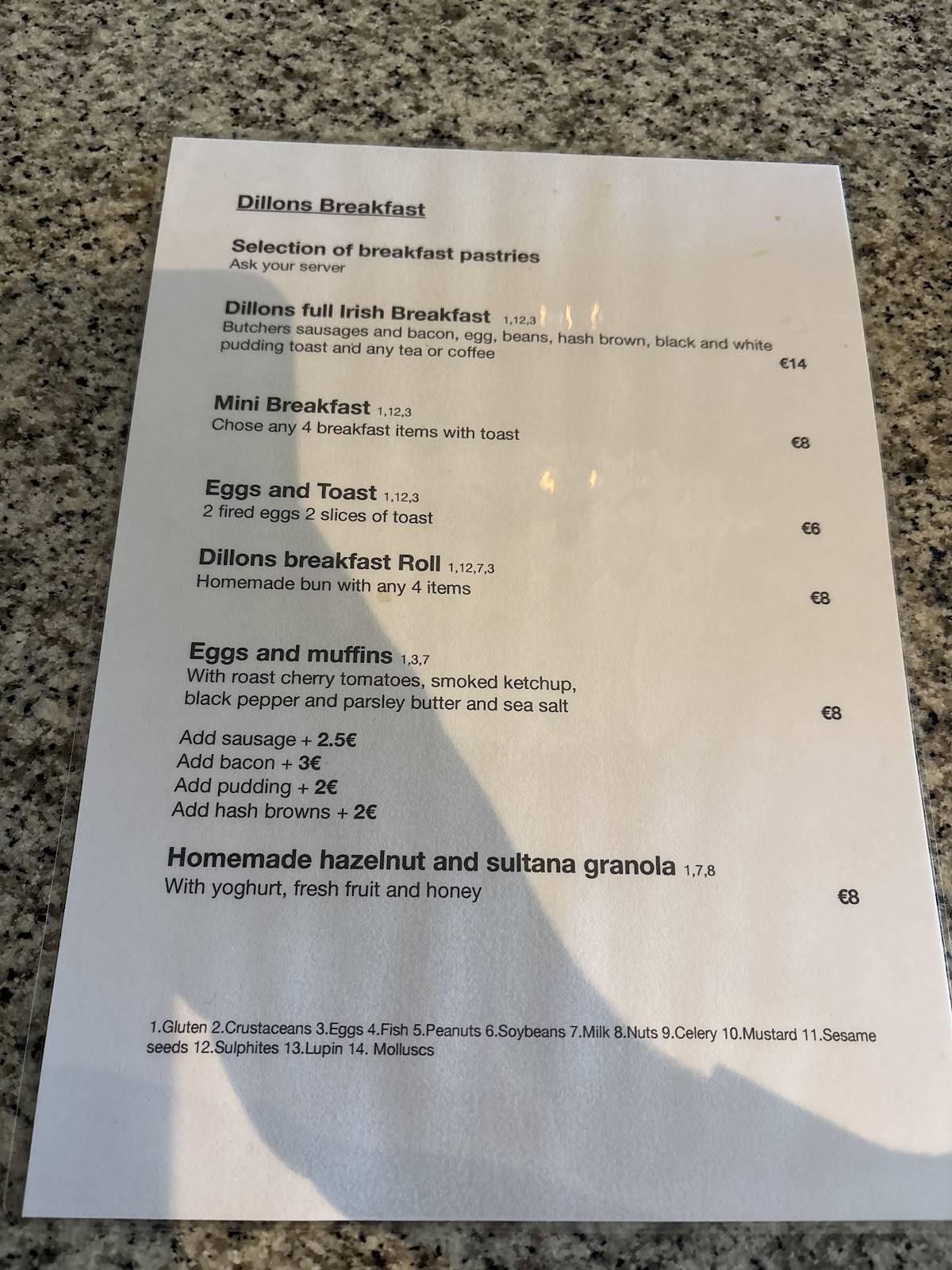 Menu at Dillons bar Parkgate Street, Dublin