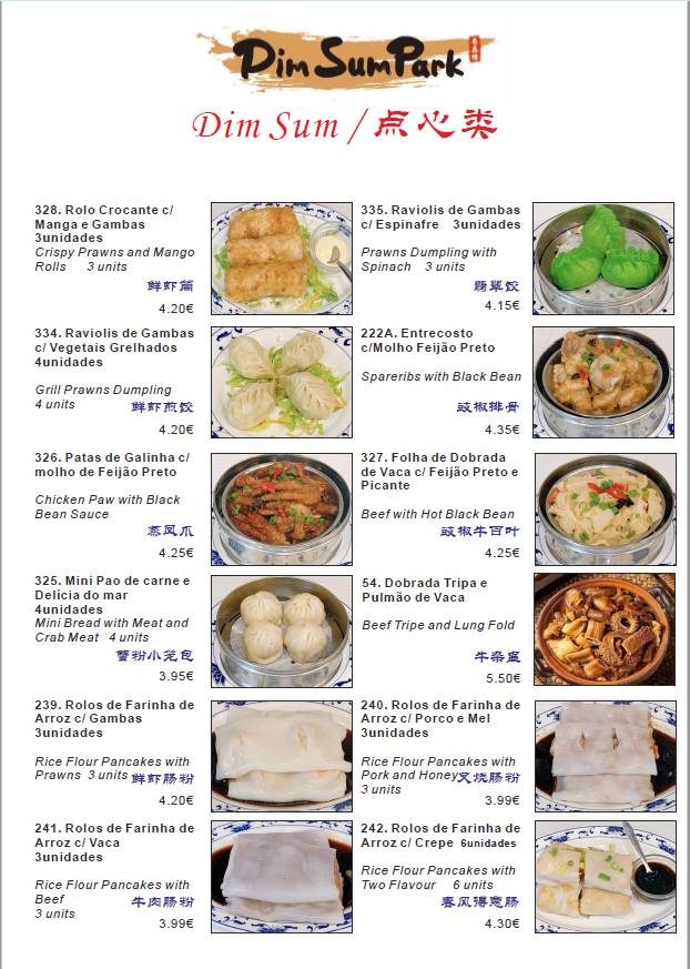 Menu at Dim Sum Park restaurant, Lisbon