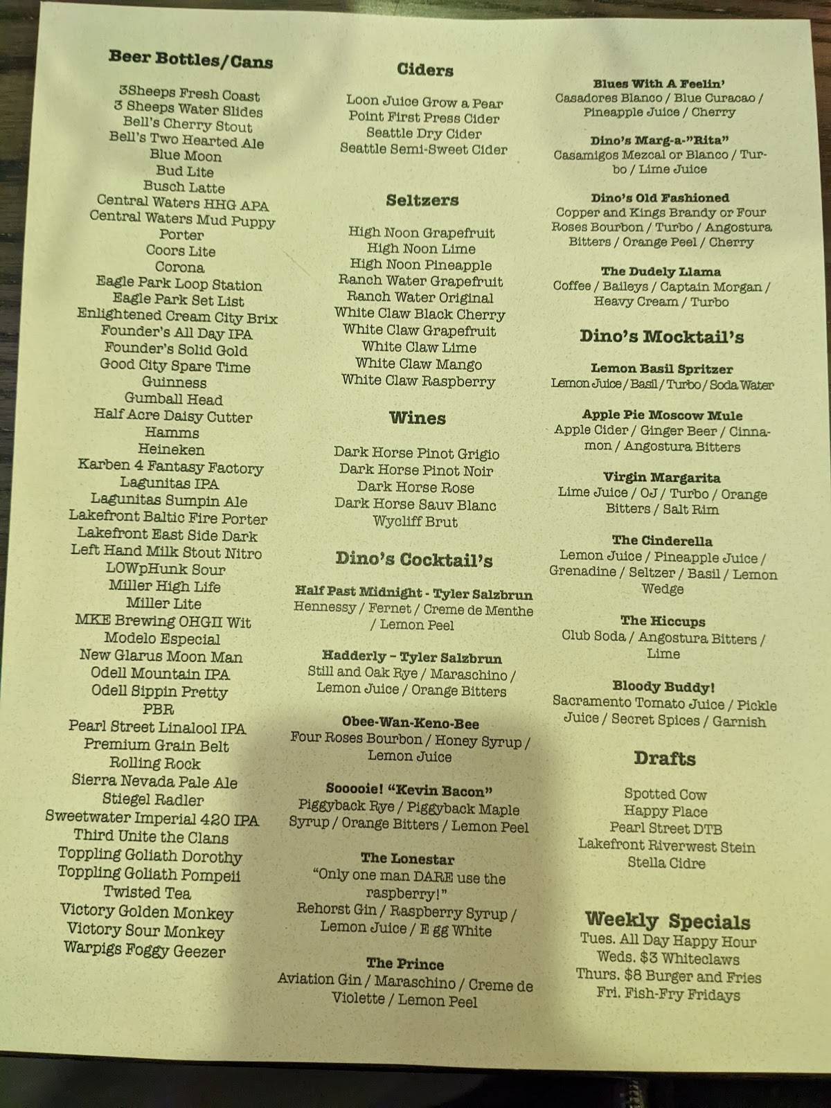 Menu at Dino's MKE pub & bar, Milwaukee