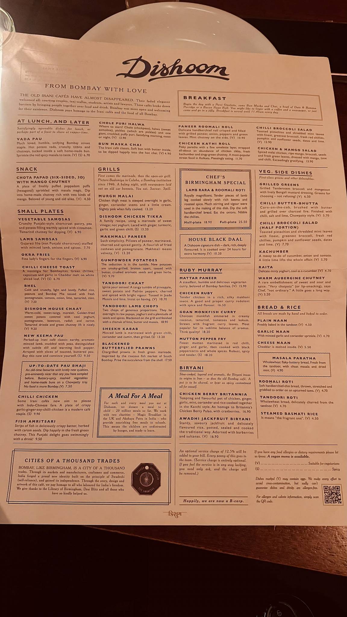 Menu at Dishoom Birmingham restaurant, Birmingham
