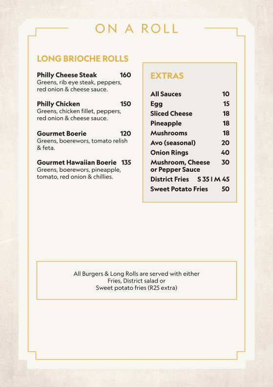 Menu at District Cafe, Cape Town