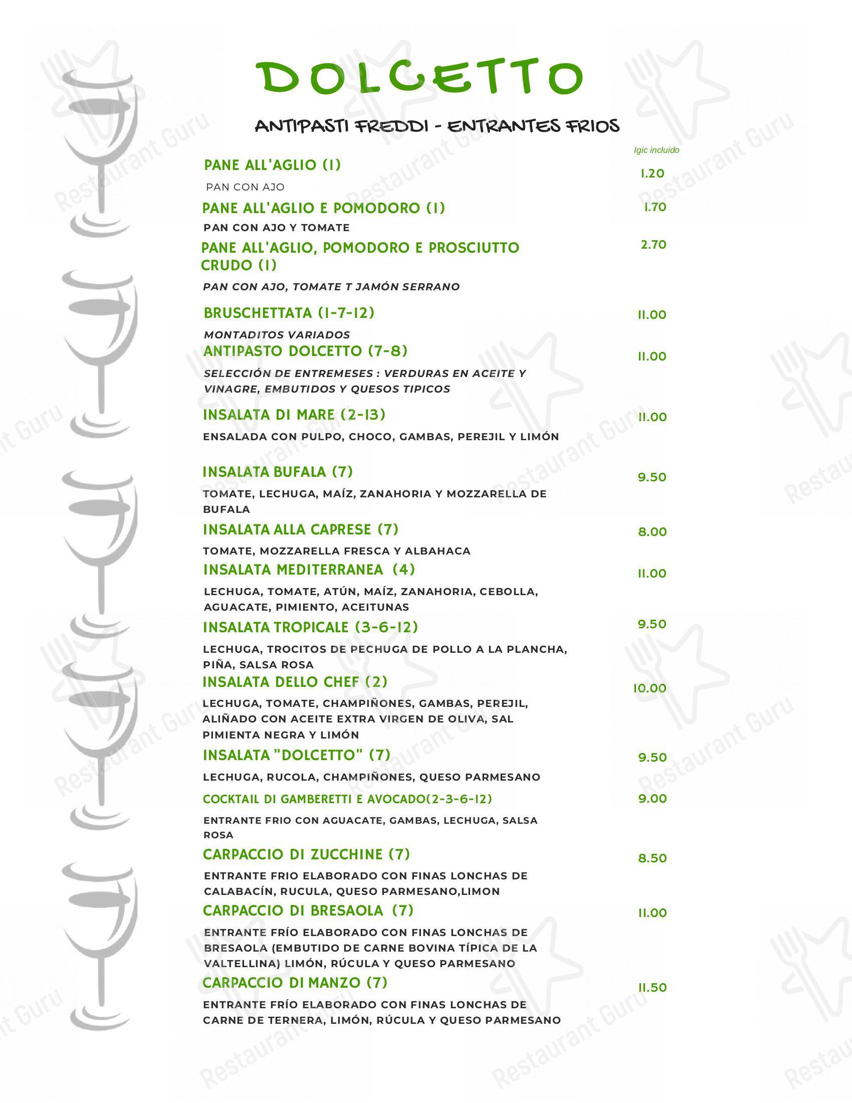 Carta de Dolcetto Ristorante Pizzería, Valle de San Lorenzo