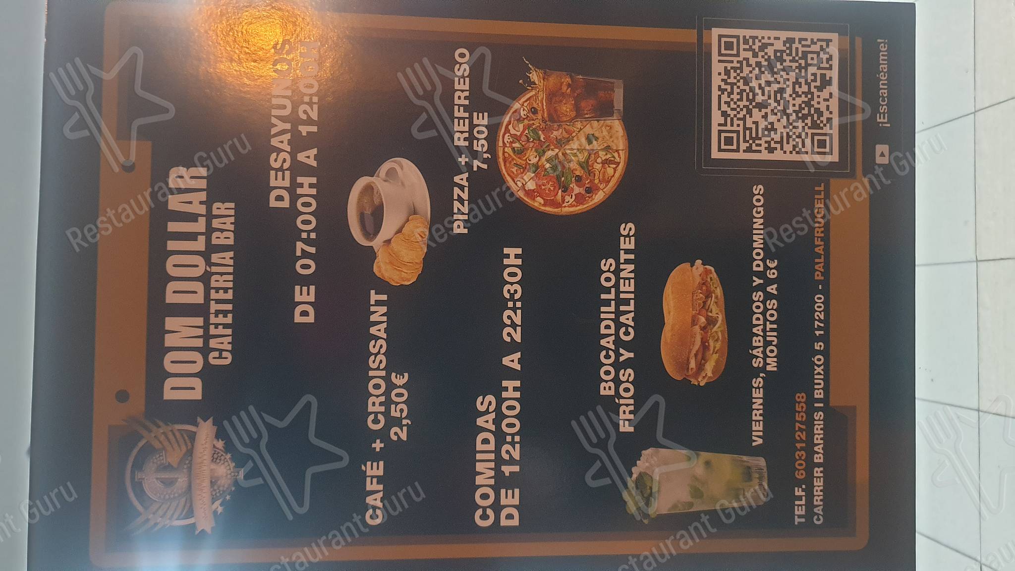 Carta de Dom Dollar cafetería Bar, Palafrugell
