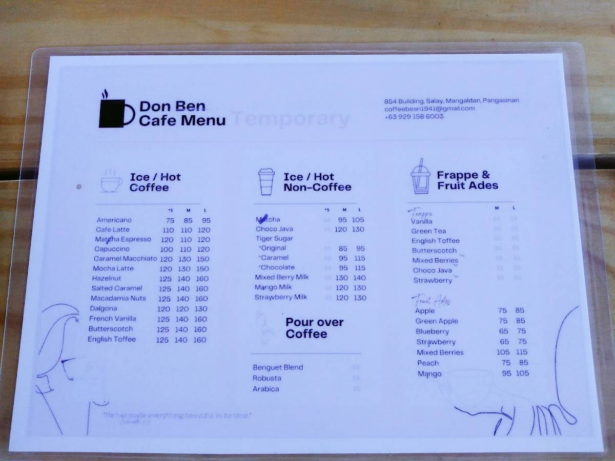 Menu at Don Ben Cafe, Mangaldan