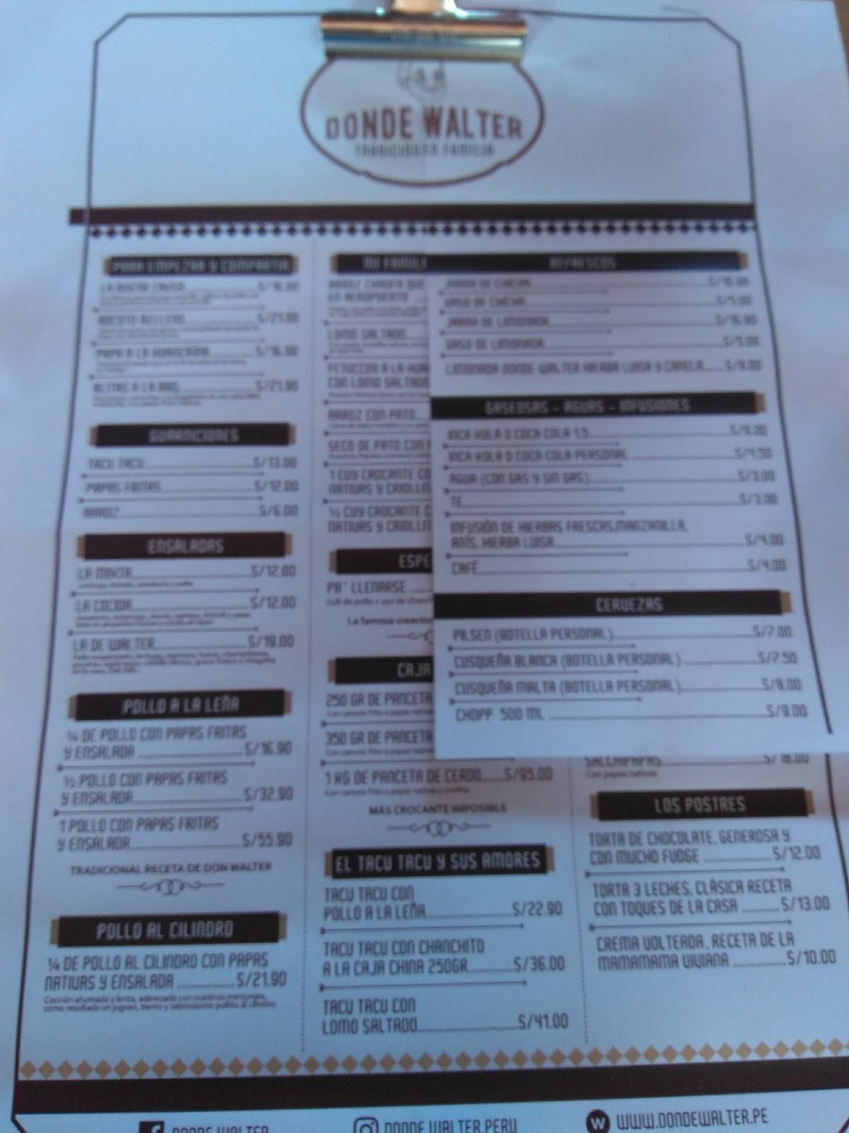 Carta del restaurante Donde walter, La Molina, Jose Santos Chocano 167