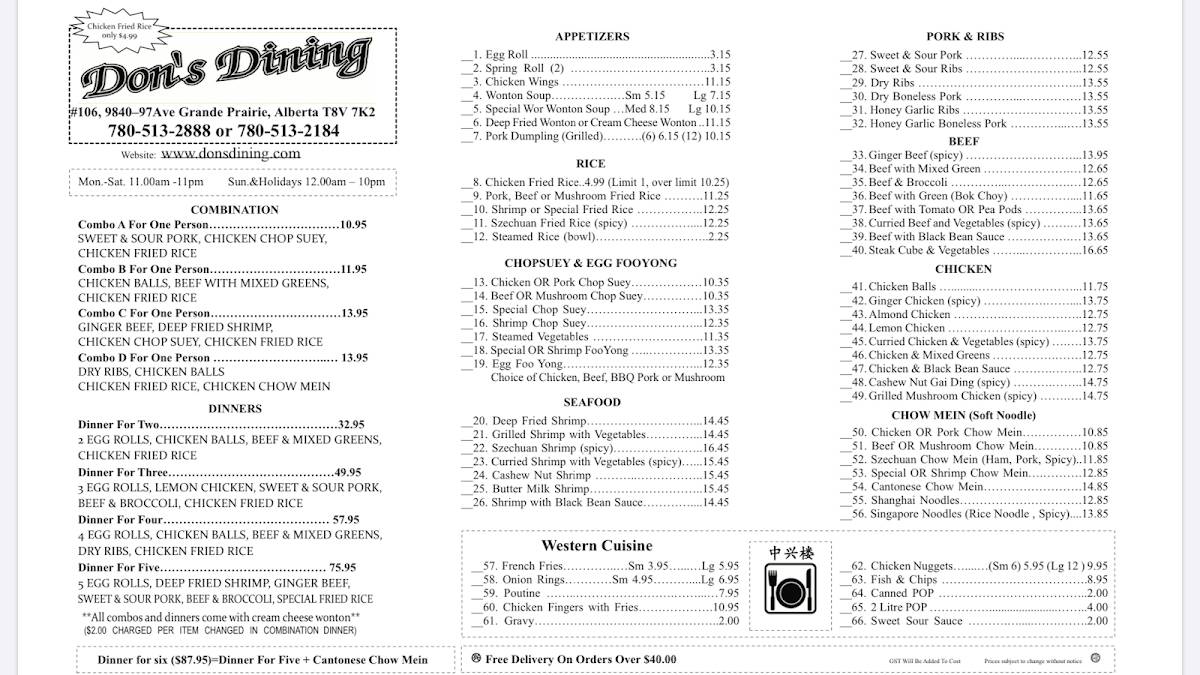 Menu at Don's Dining restaurant, Grande Prairie