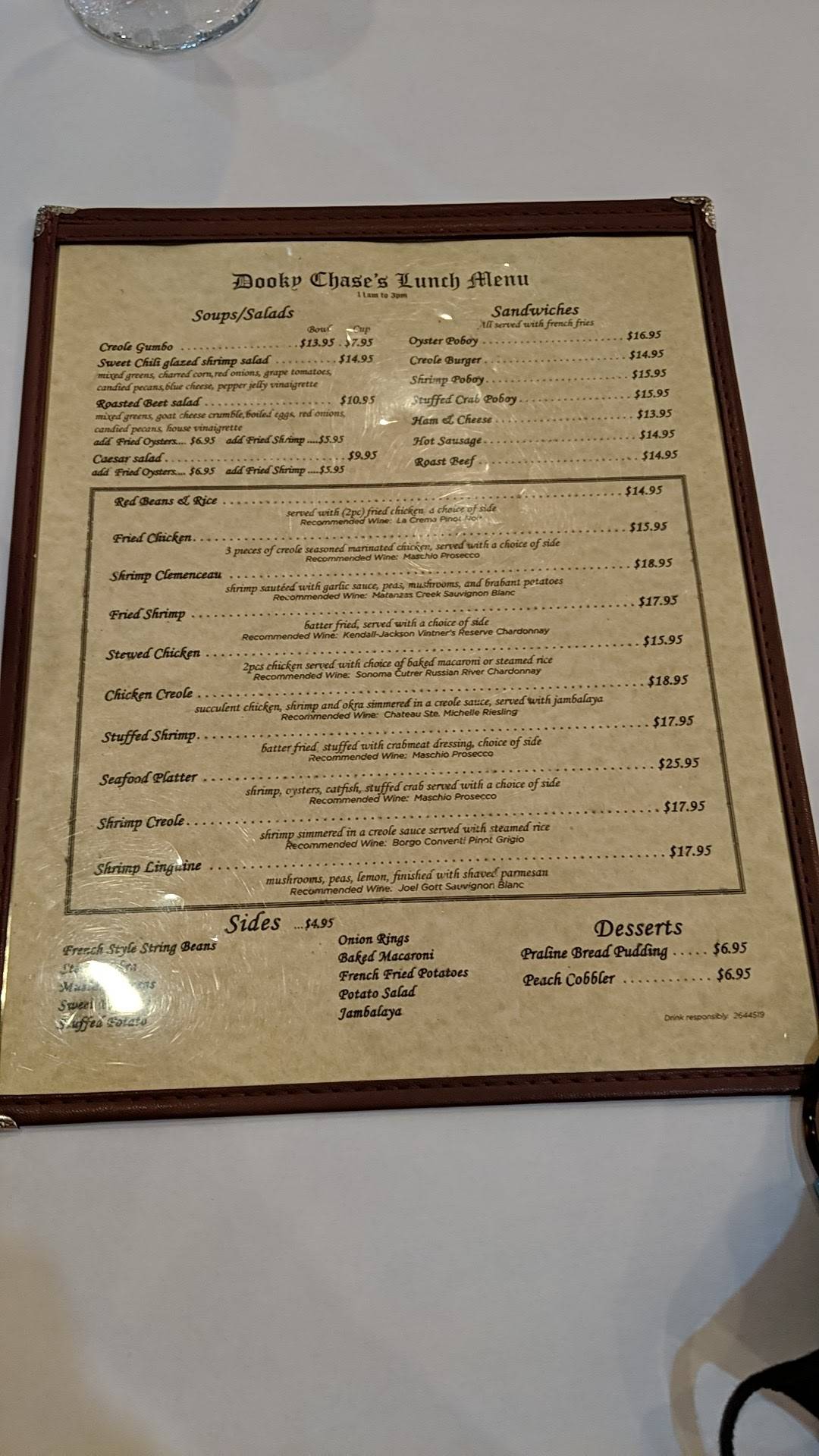 Menu at Dooky Chase Restaurant, New Orleans