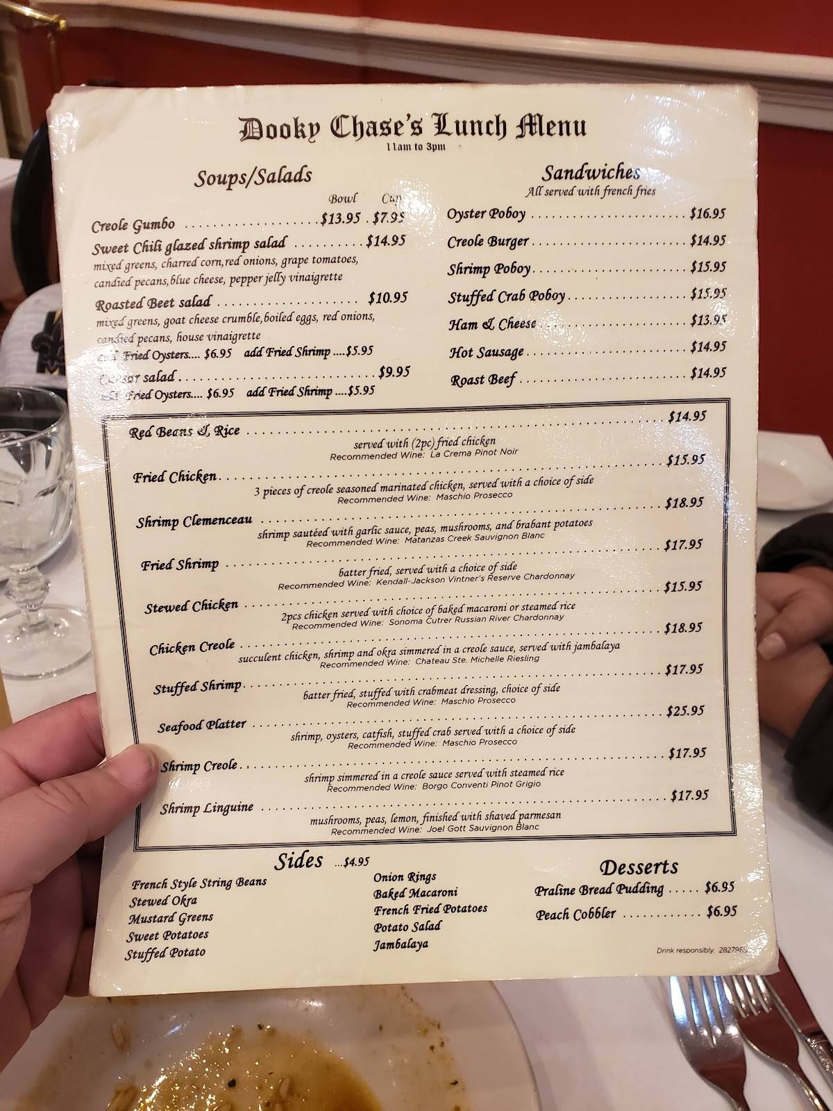 Menu at Dooky Chase Restaurant, New Orleans