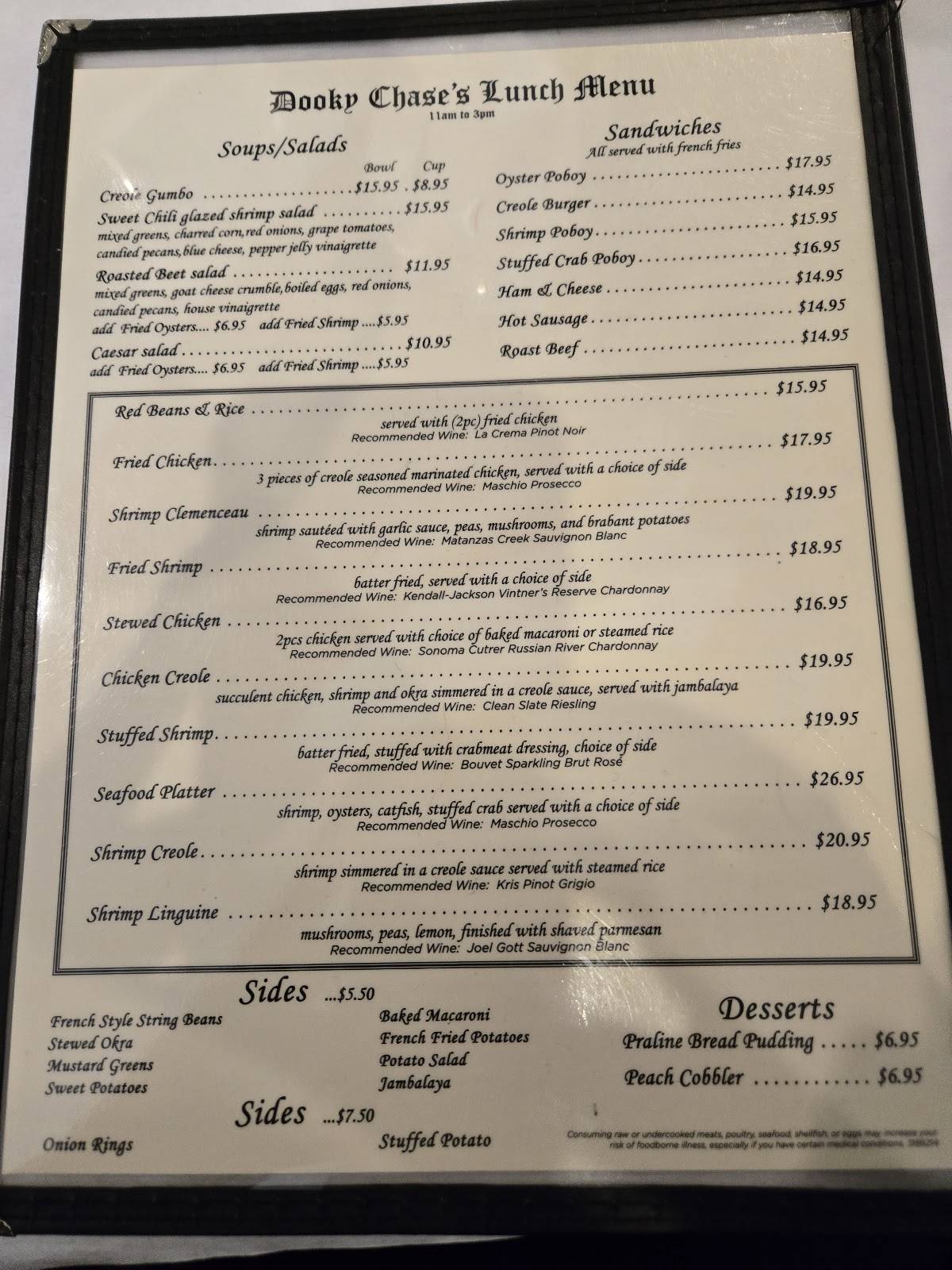 Menu at Dooky Chase Restaurant, New Orleans