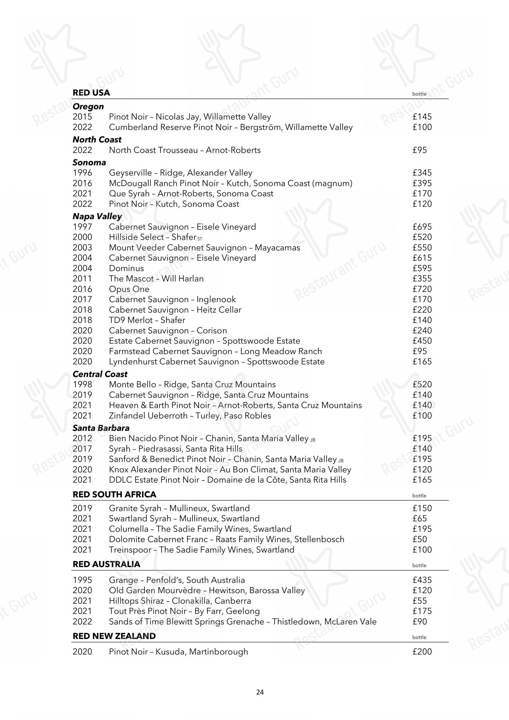 Menu at Dorian Restaurant, London