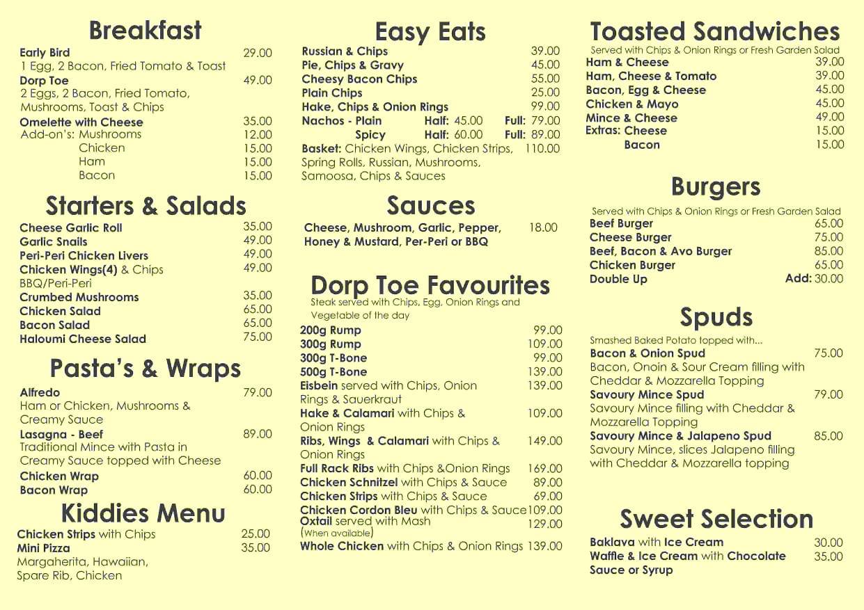 Menu at Dorp Toe Pub & Grill, Vereeniging