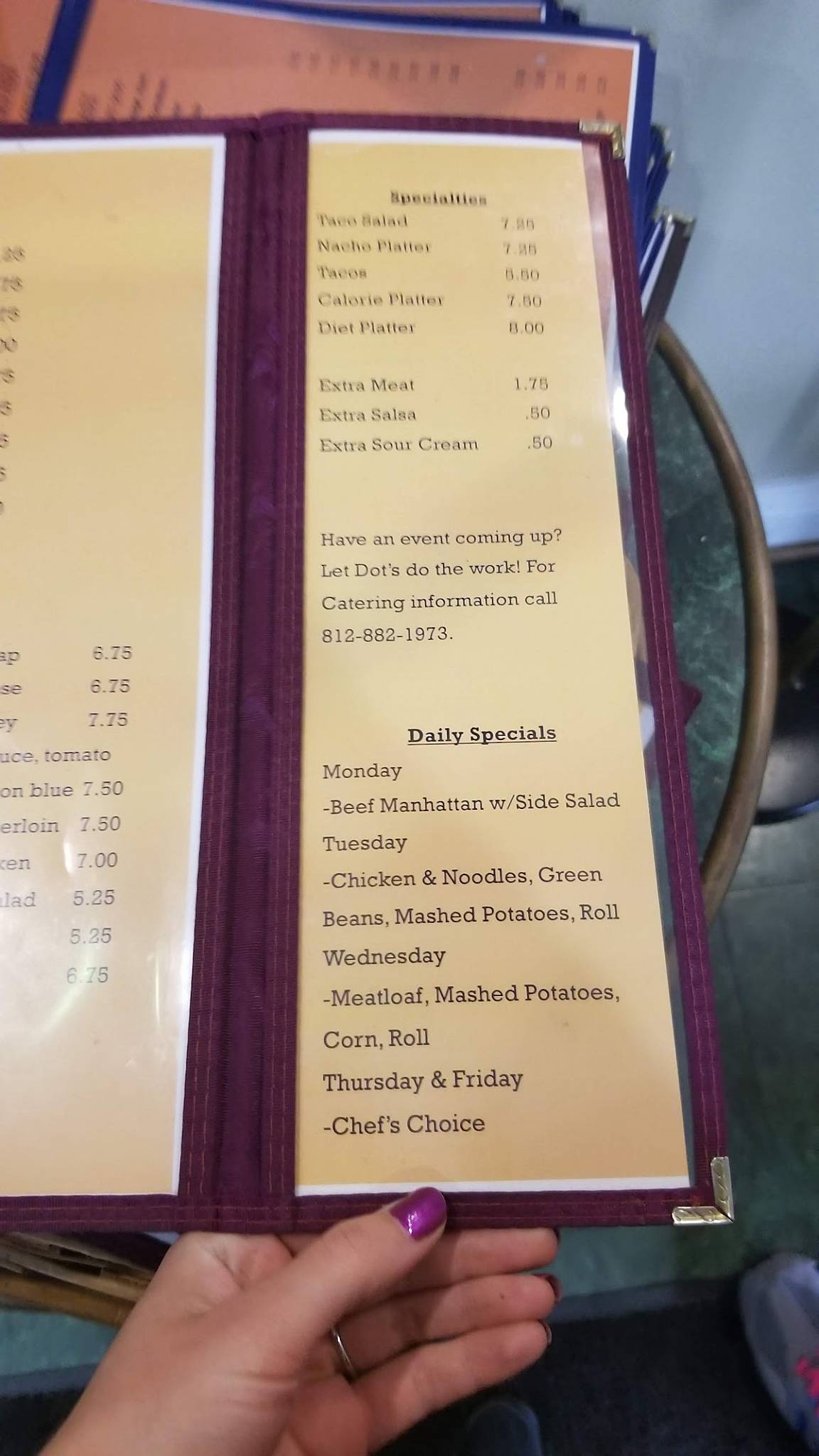Menu at Dot's cafe, Vincennes
