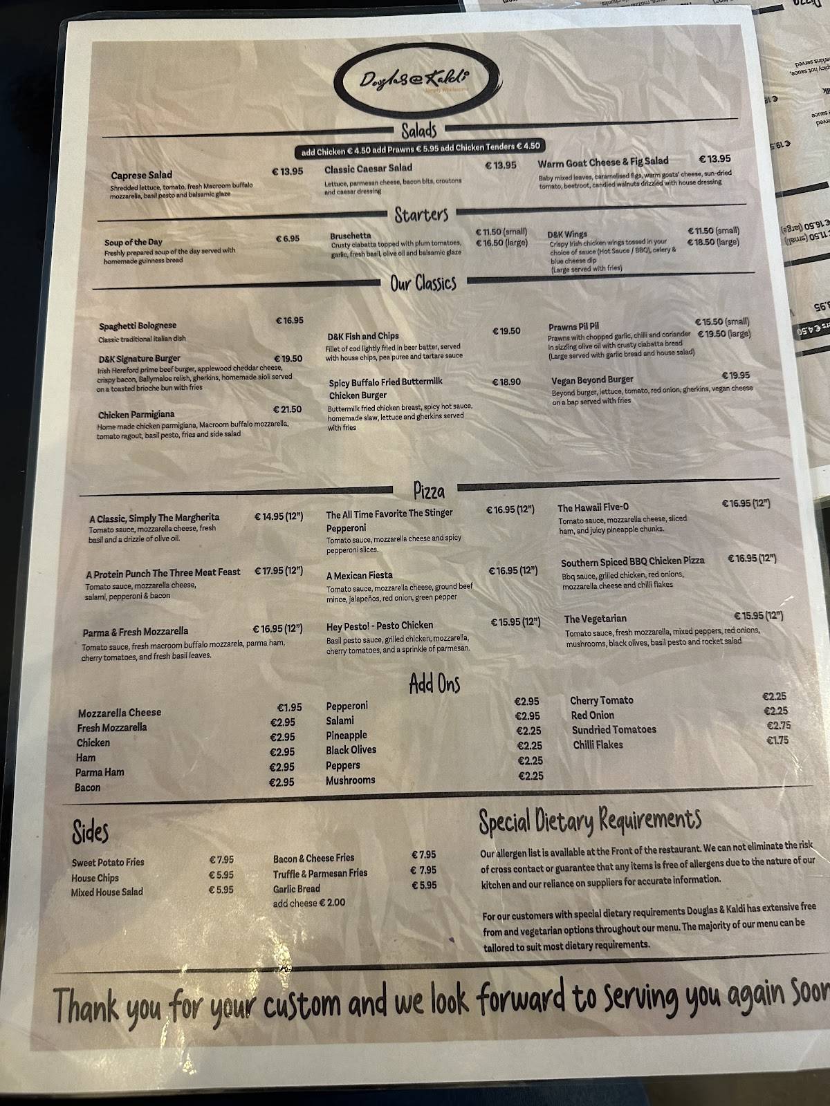 Menu at Douglas & Kaldi Terrace Café and Restaurant, Ireland, Dundrum ...