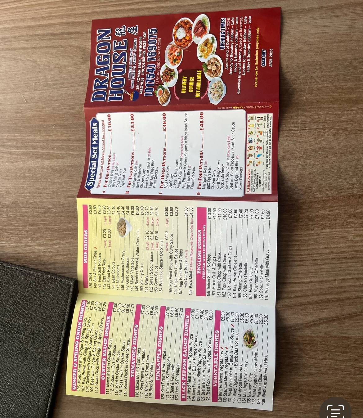 Menu at Dragon House restaurant, Skegness