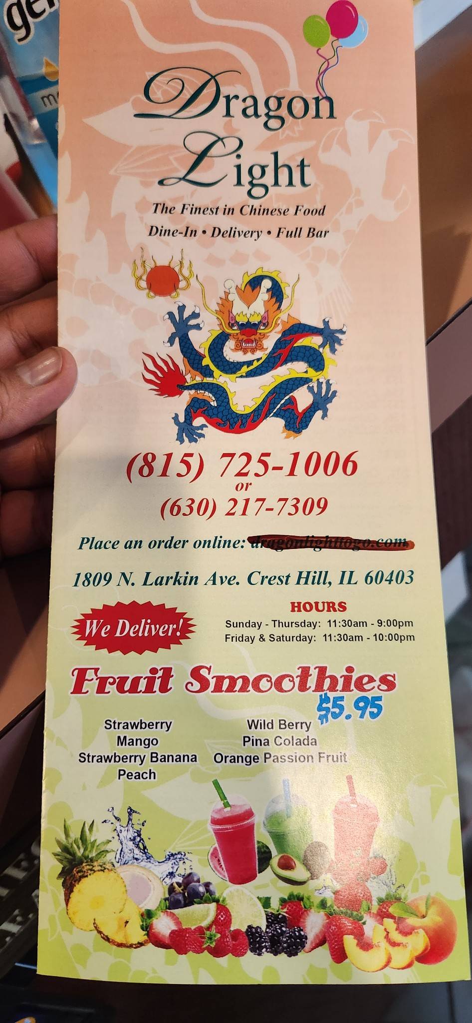Menu at Dragon Light Restaurant, Crest Hill