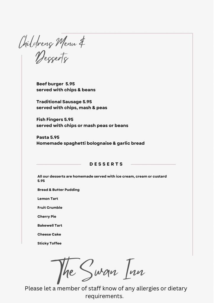 Menu at The Swan Inn pub & bar, Draycott in the Clay, Lichfield Road