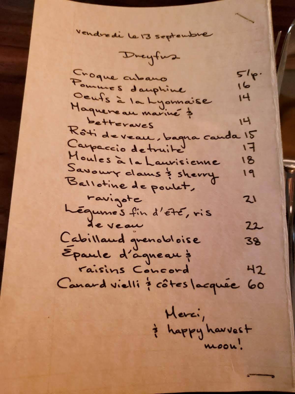 Menu at Dreyfus restaurant, Toronto, 96 Harbord St