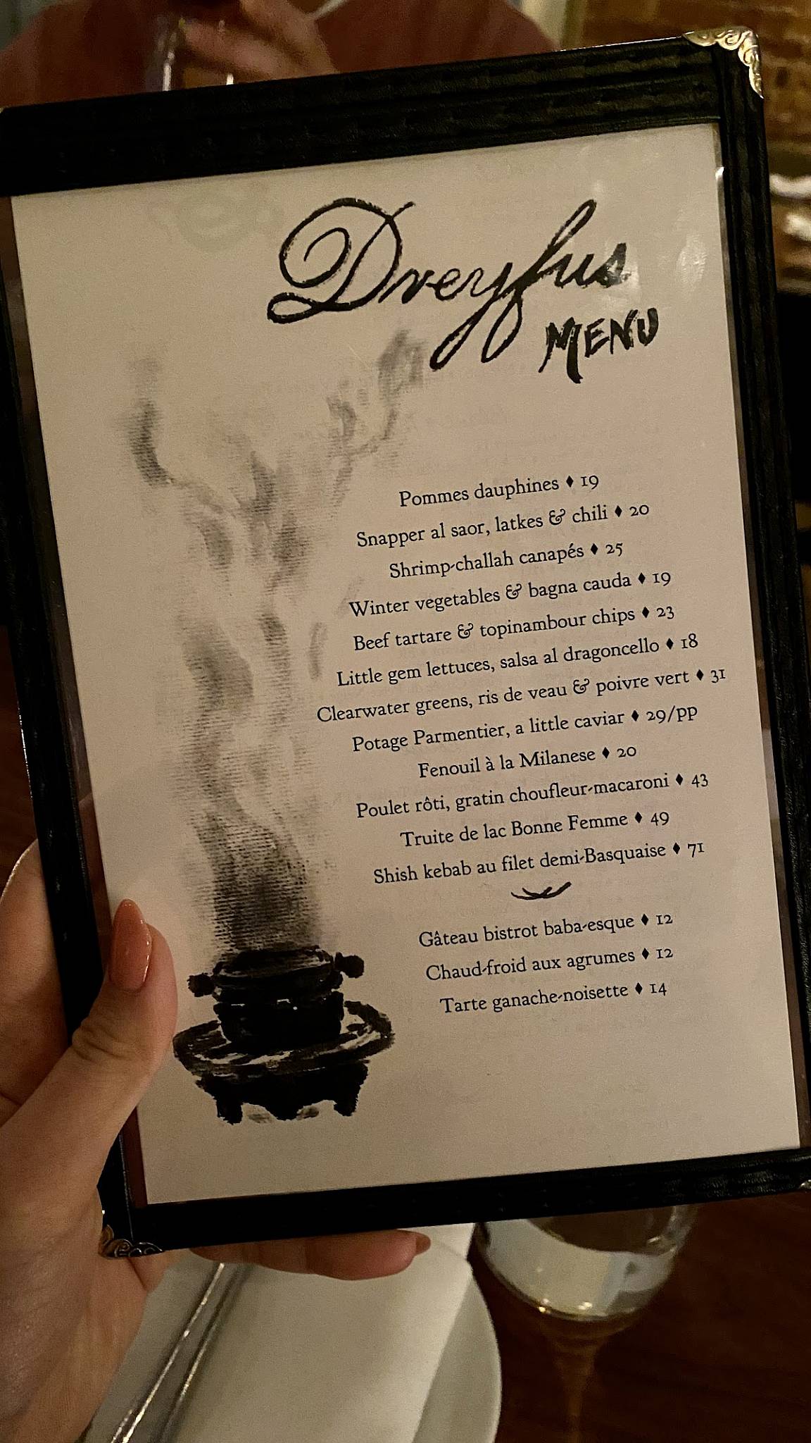 Menu at Dreyfus restaurant, Toronto, 96 Harbord St