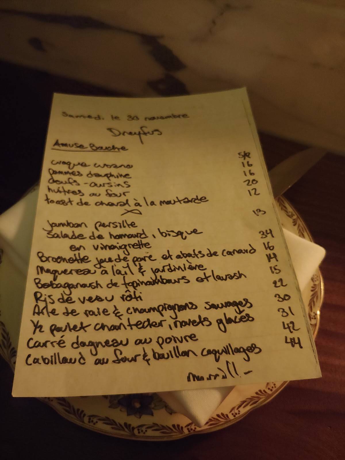 Menu at Dreyfus restaurant, Toronto, 96 Harbord St