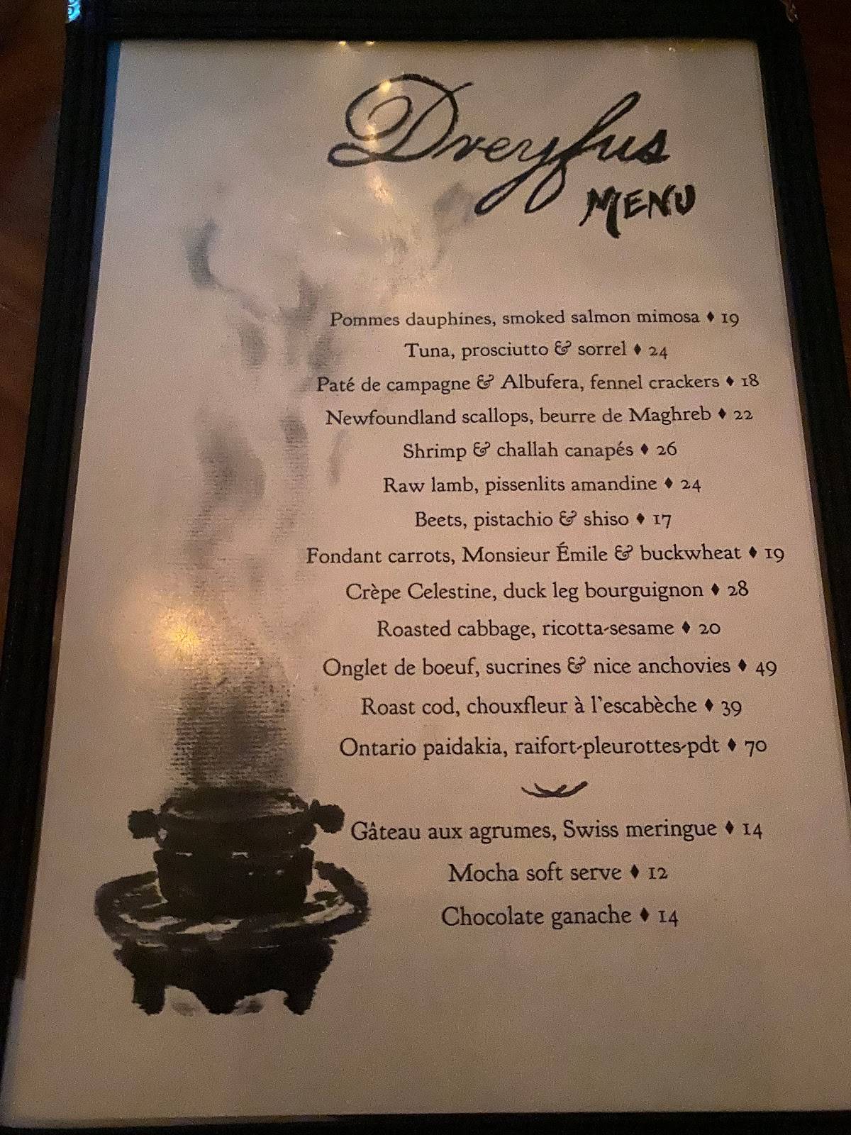 Menu at Dreyfus restaurant, Toronto, 96 Harbord St