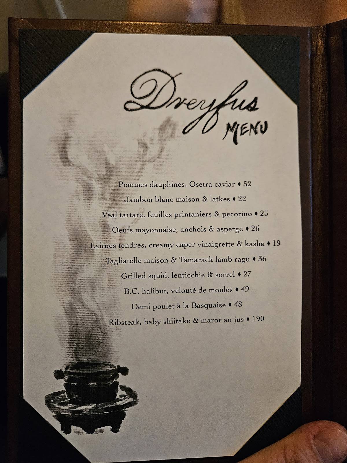 Menu at Dreyfus restaurant, Toronto, 96 Harbord St