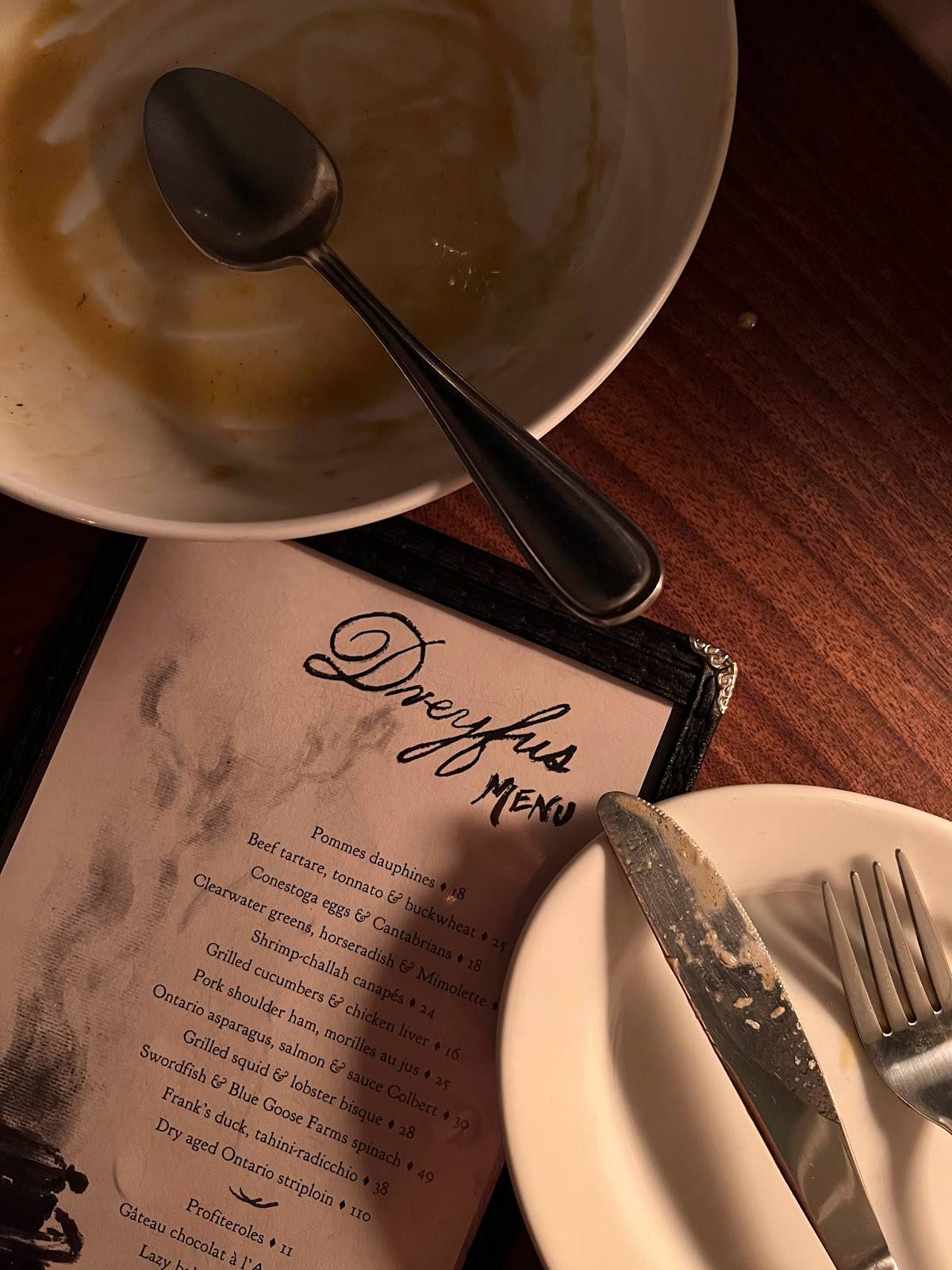 Menu at Dreyfus restaurant, Toronto, 96 Harbord St