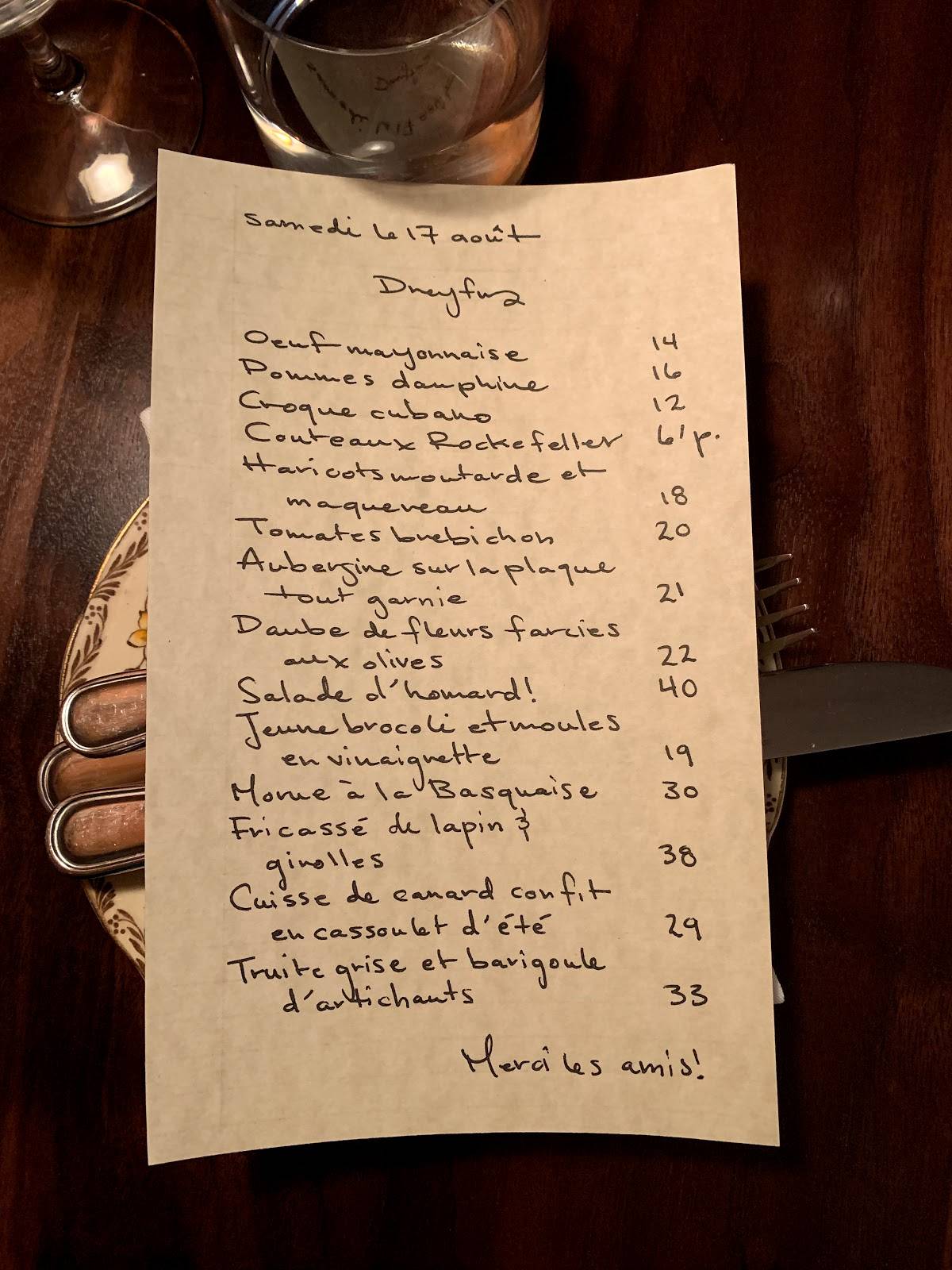 Menu at Dreyfus restaurant, Toronto, 96 Harbord St
