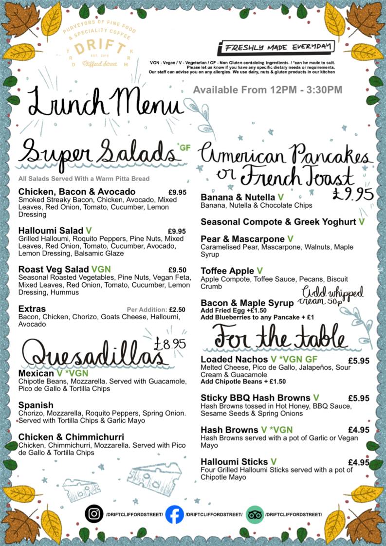 Menu at Drift Cafe, York