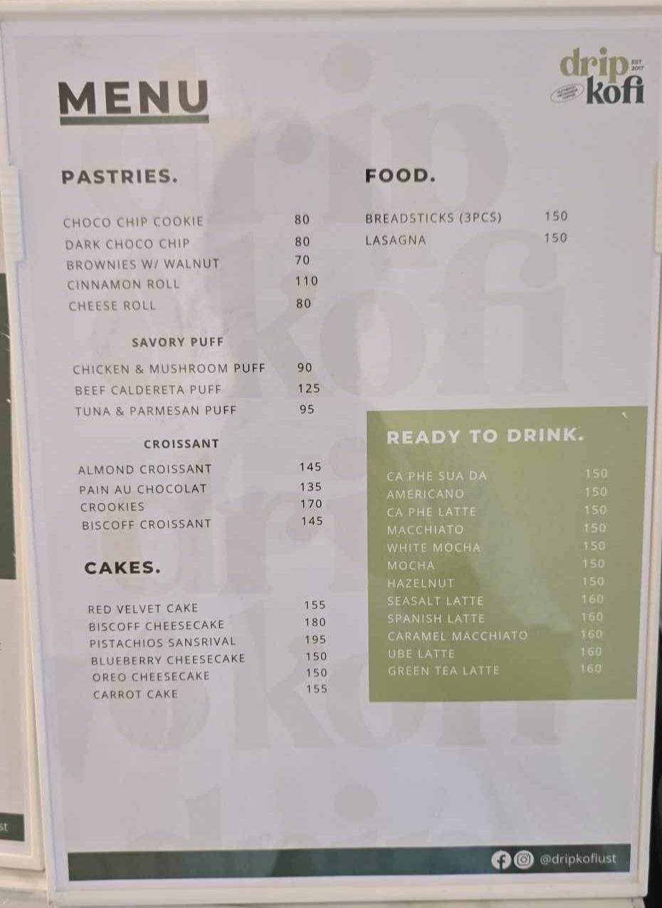 Menu at Drip Kofi, Manila