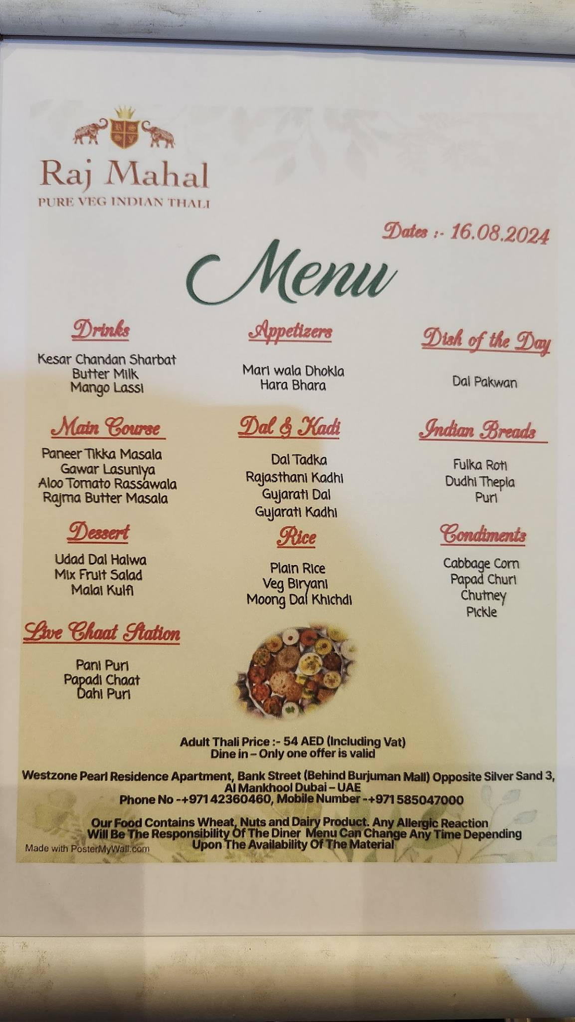 Menu at Raj Mahal Restaurant, Dubai
