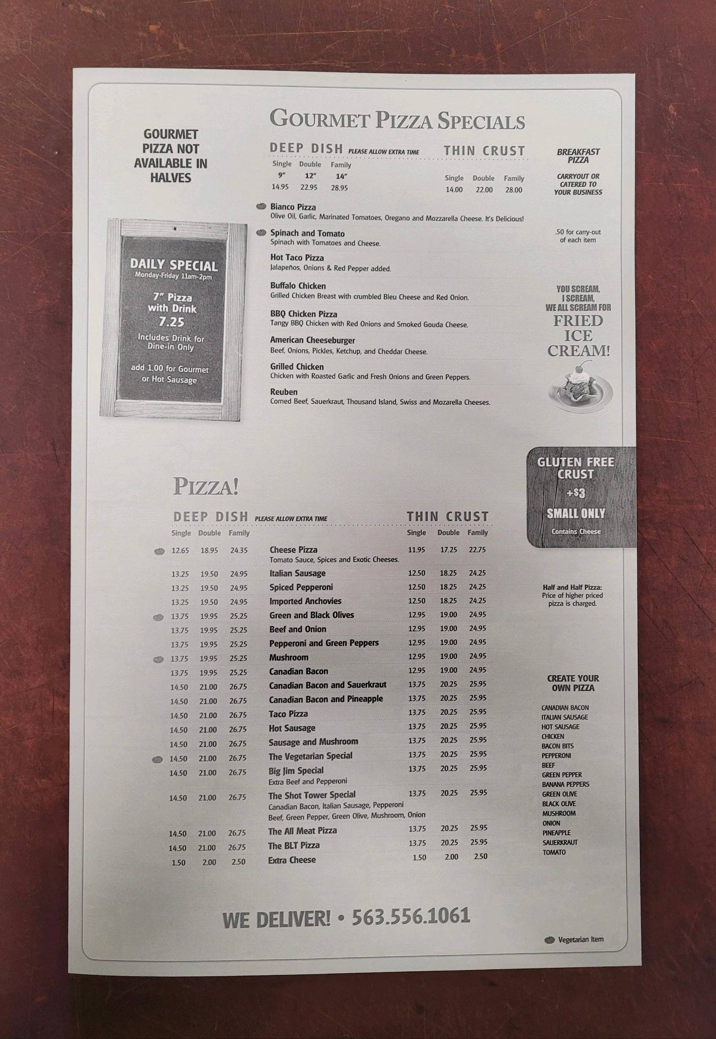 Menu at Shot Tower Inn pizzeria, Dubuque