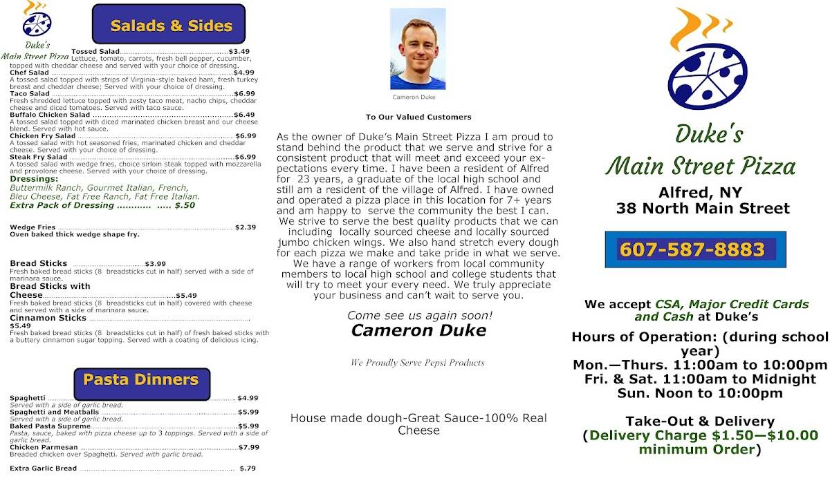 Menu at Duke's Main Street Pizza pizzeria, Alfred