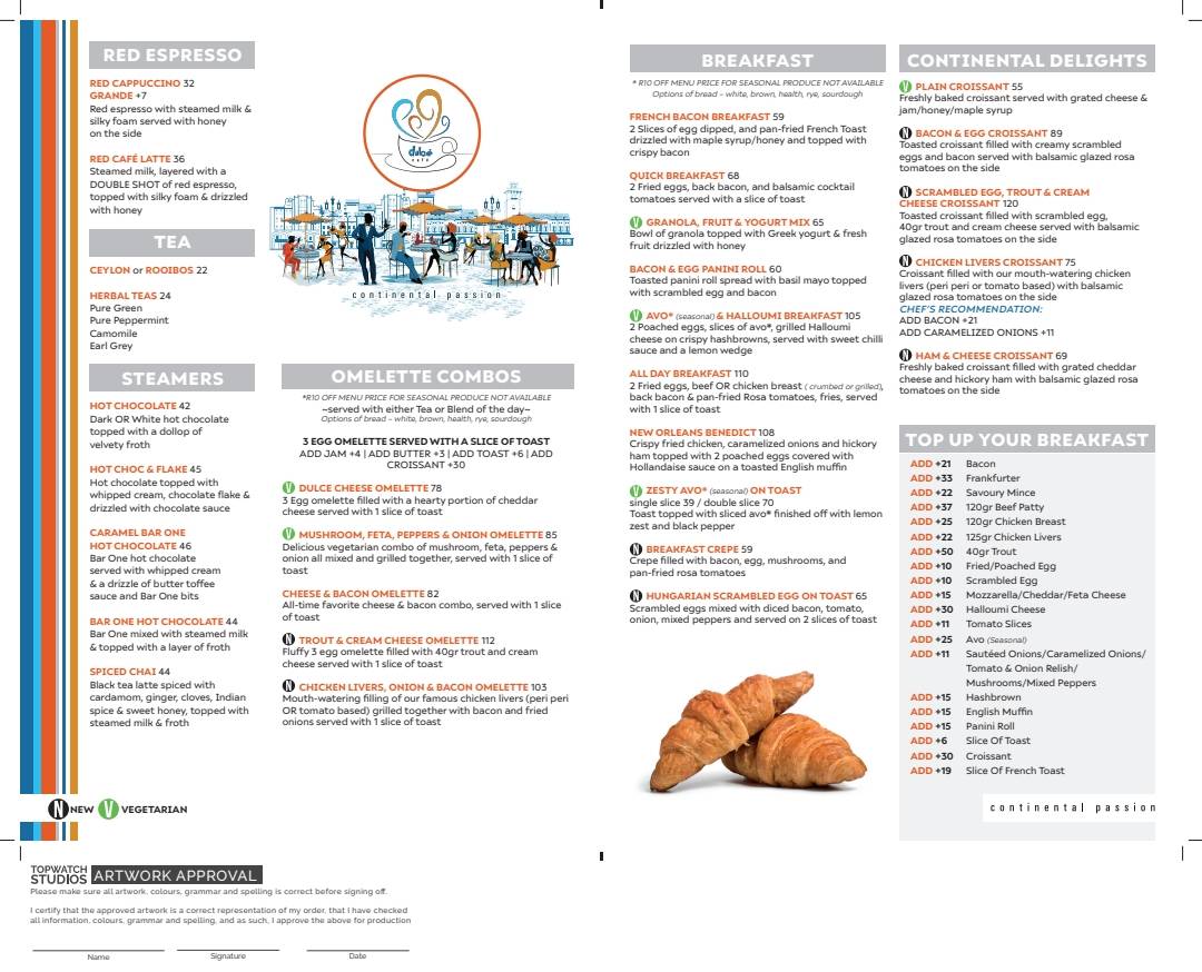 Menu at Dulce Café MediClinic Pietermaritzburg, Pietermaritzburg