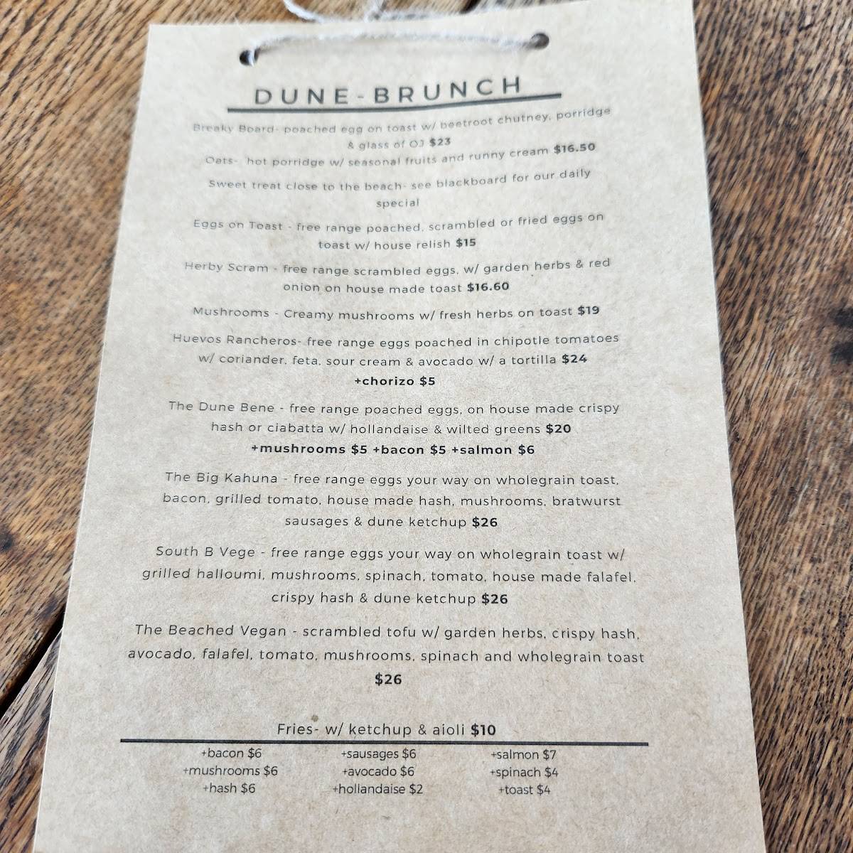 Menu at Dune Cafe, Christchurch