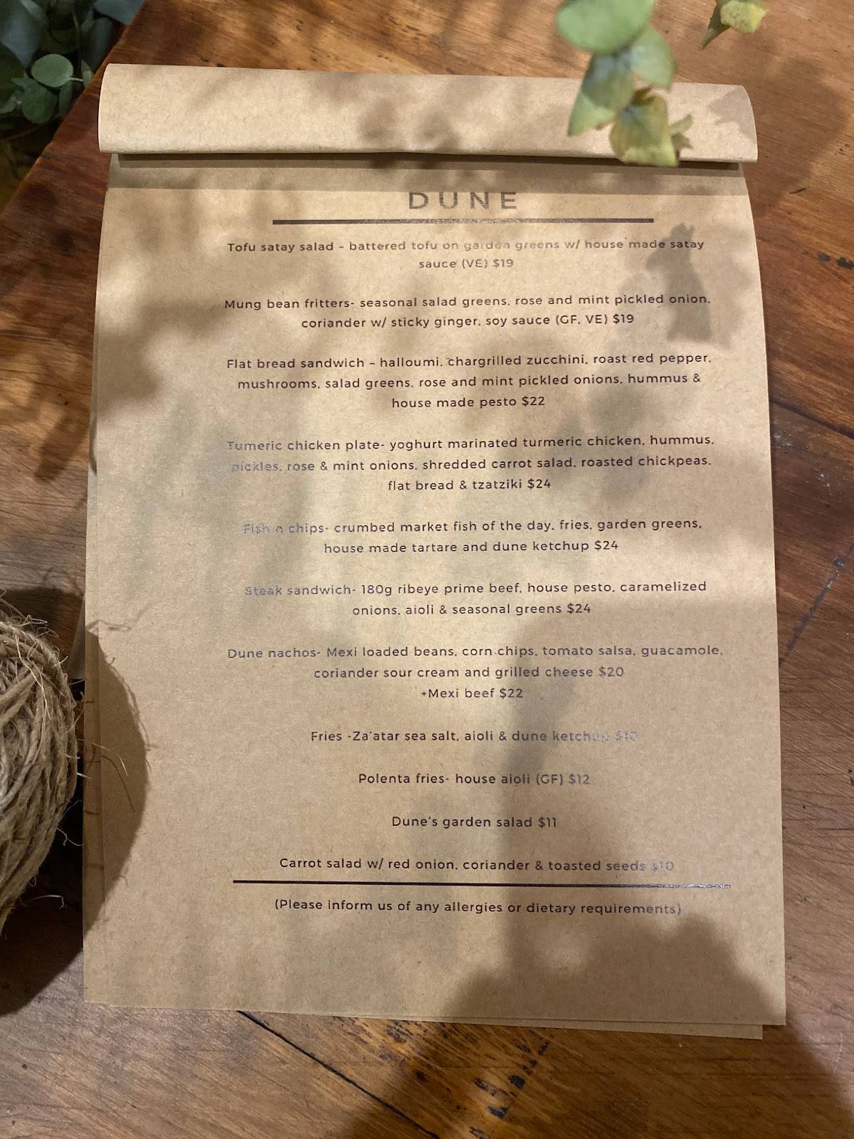 Menu at Dune Cafe, Christchurch