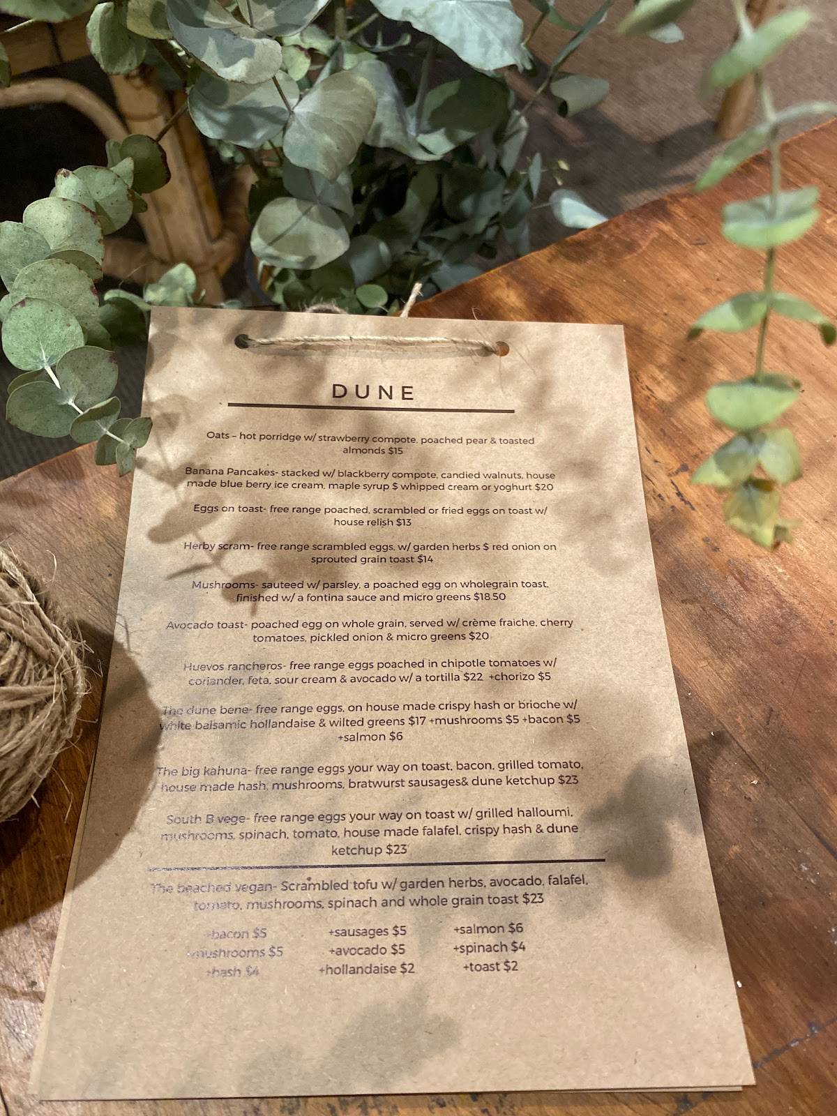 Menu at Dune Cafe, Christchurch