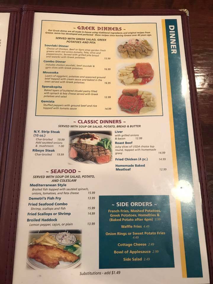 Menu at Demetri's On the Lake restaurant, Dunkirk, 6-8 Lake Shore Dr W