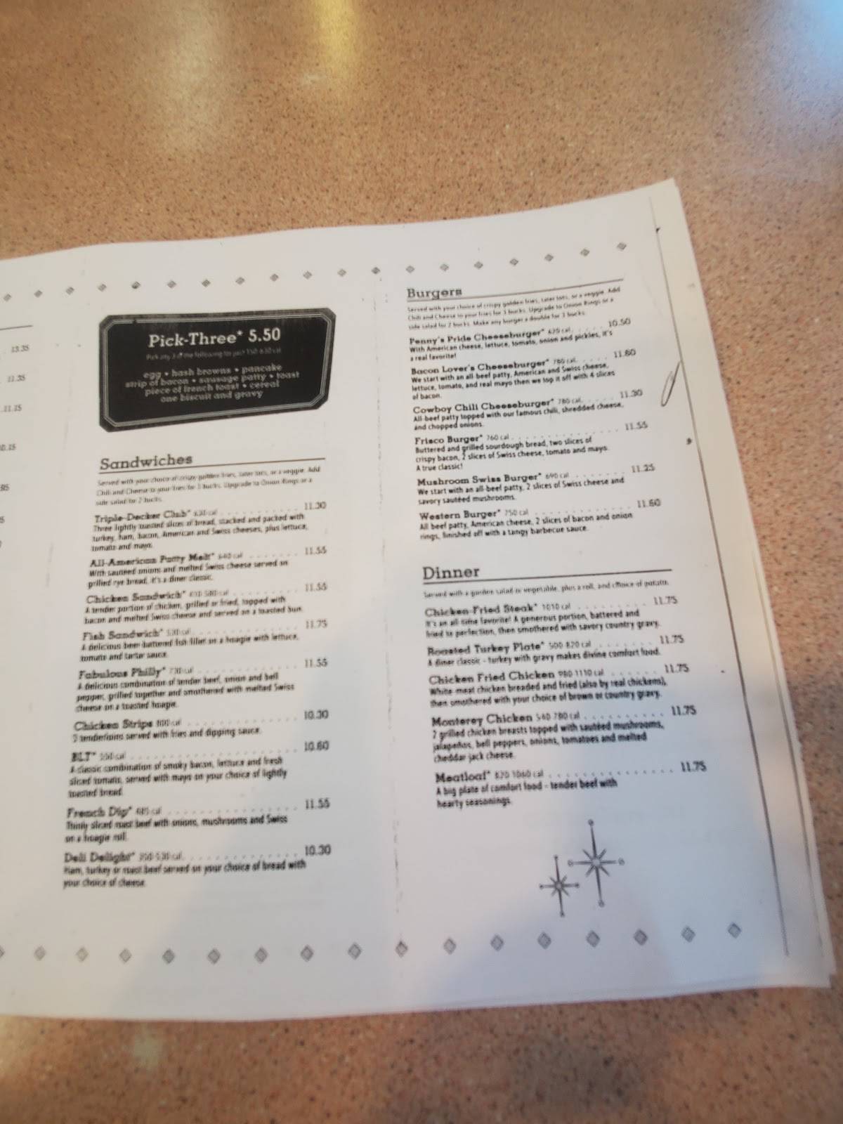 Menu at Penny's Diner restaurant, Dunsmuir