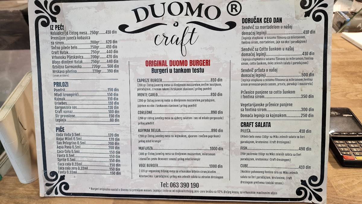 Menu at Duomo Craft restaurant, Belgrade