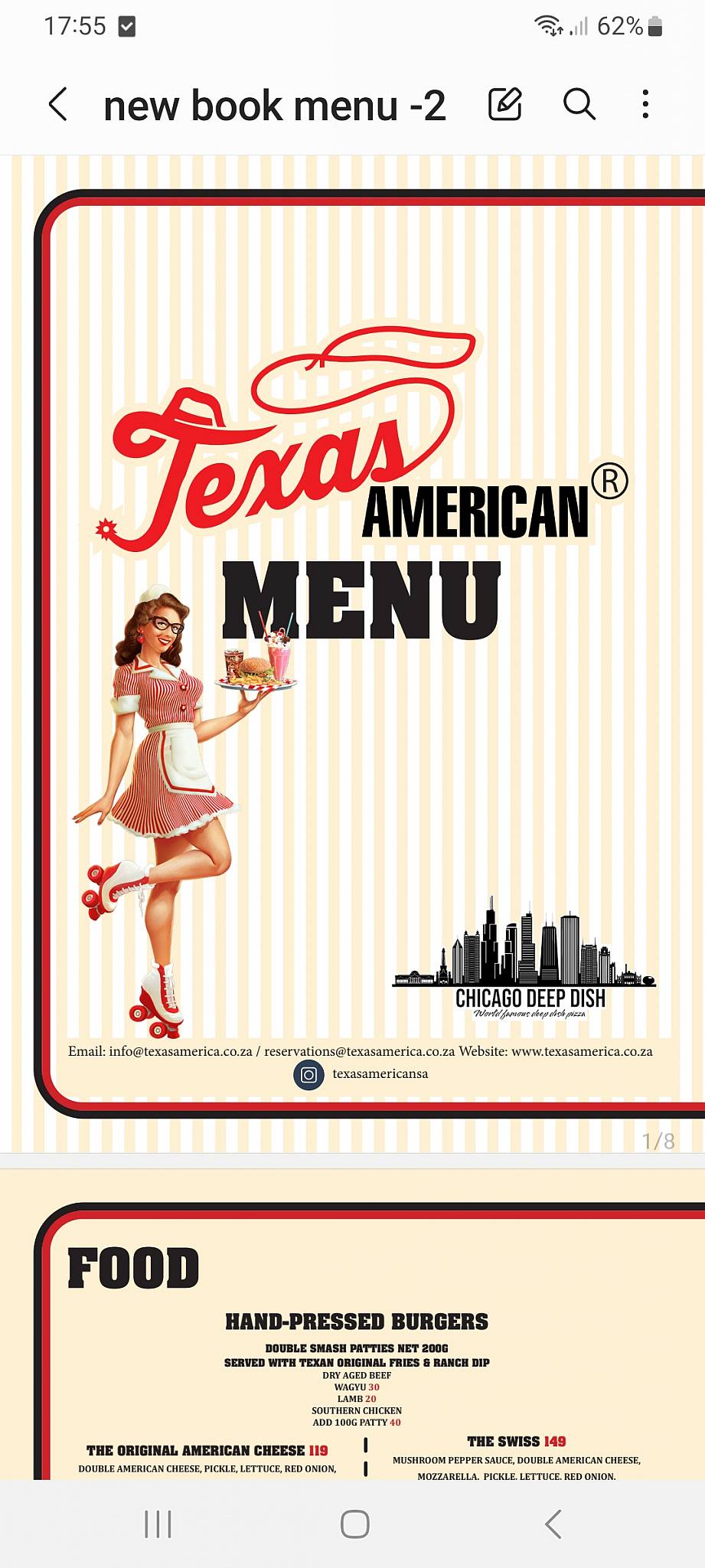Menu at Texas American restaurant, Durban