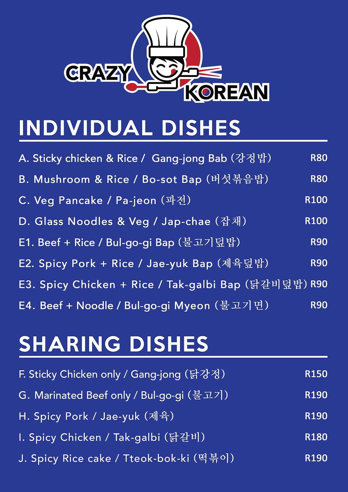 Menu at Crazy Korean Durban North restaurant, Durban North