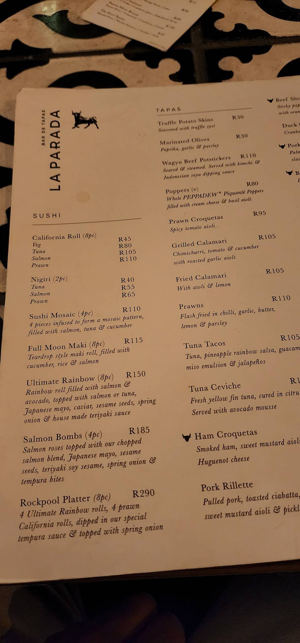 Menu at La Parada Umhlanga restaurant, Durban