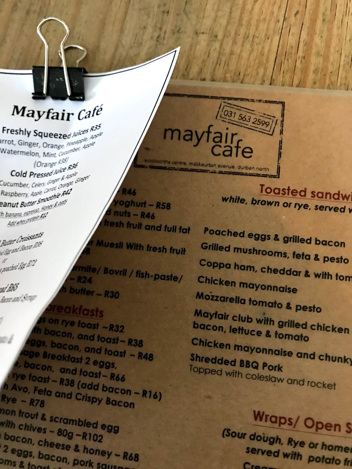 Menu at Mayfair Cafe., Durban