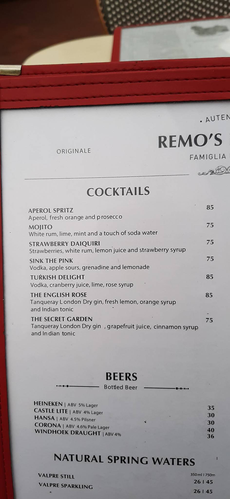 Menu at Remo's Fratelli Restaurant, Durban North