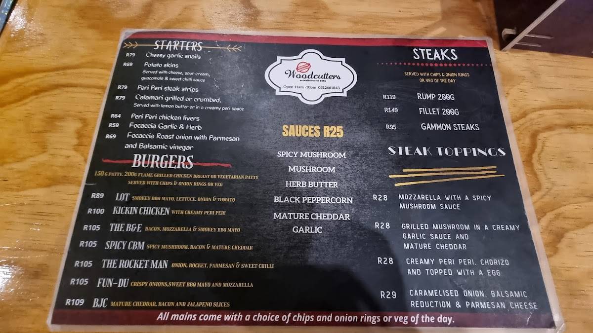 Menu at Woodcutters Restaurant, Durban