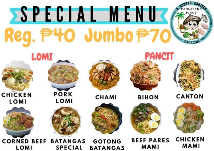 Menu at E. CORONEL CANTEEN ( LOMIHAN AT BULALUHAN SA BIGNAY DOS ...